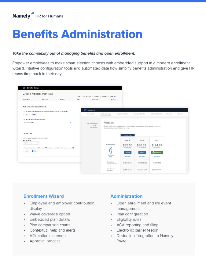 Namely's Benefits Administration System One-Pager - Namely
